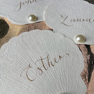 Hand-lettered Place Cards With Pressed Sea Shell Detailing and Pearl ...