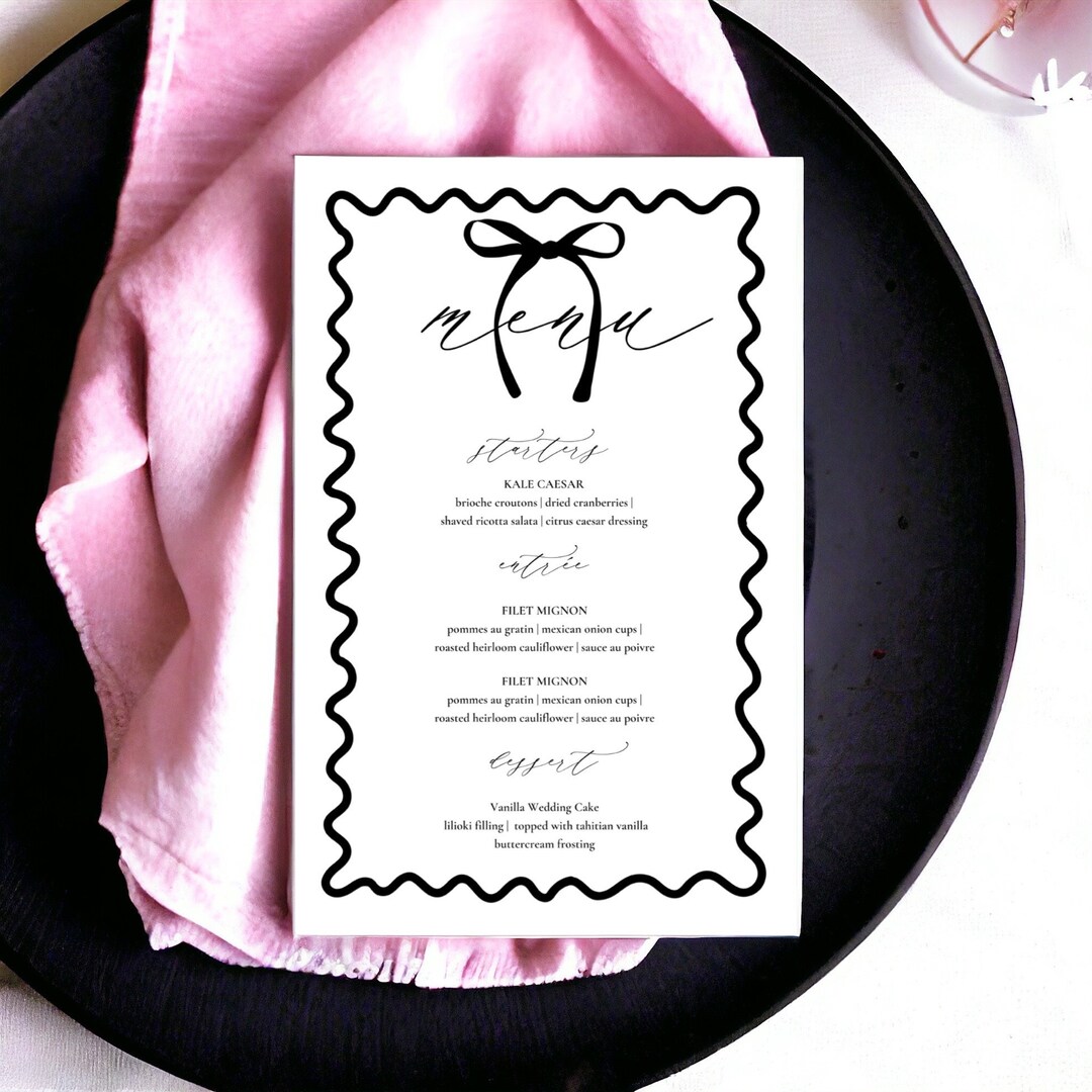 Wavy Menu Card Template, Wedding/bridal Shower Menu, Printable, Digital ...