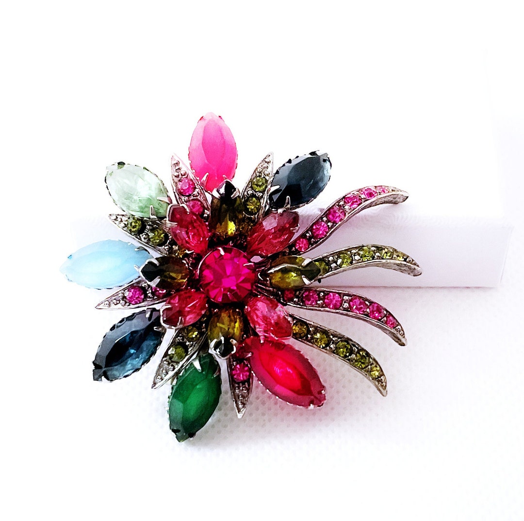 Vintage Selini Fuchsia Pink, Green, and Aqua Rhinestone Floral Brooch ...