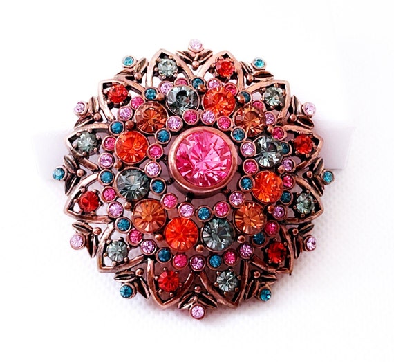 Vintage Joan Rivers Pink Green Rhinestone Brooch - Gem