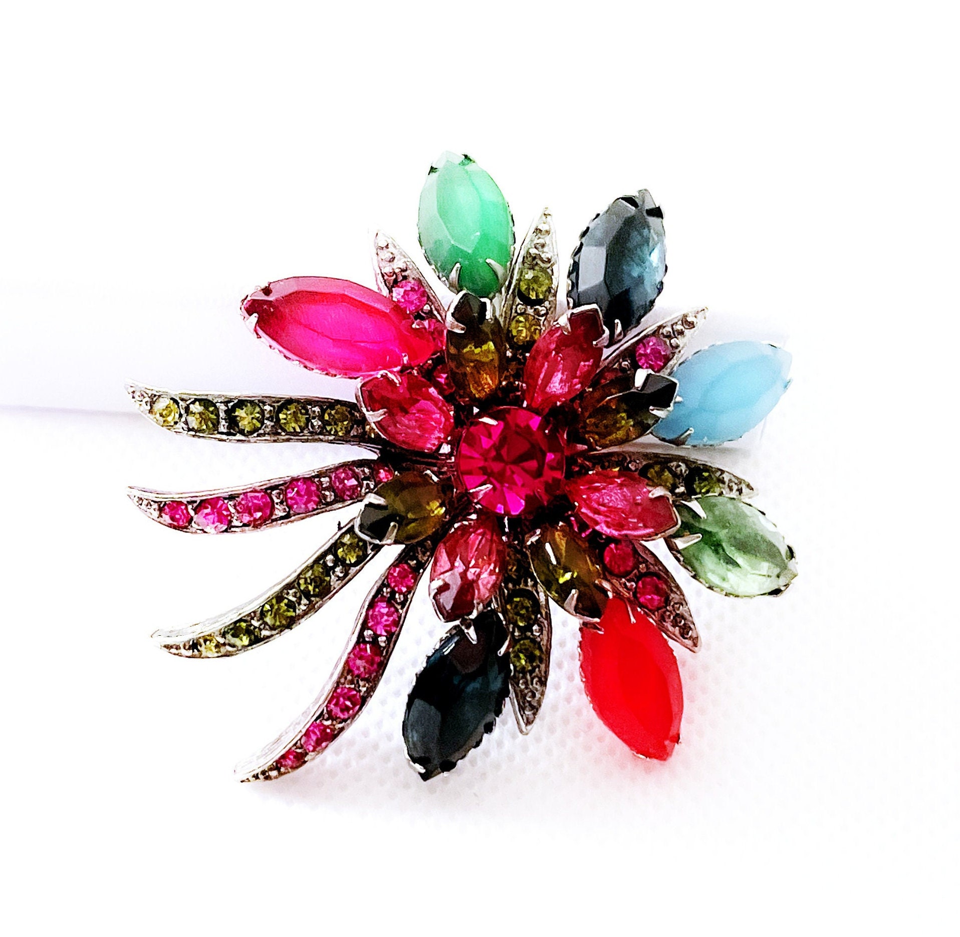 Vintage Selini Fuchsia Pink, Green, and Aqua Rhinestone Floral Brooch ...