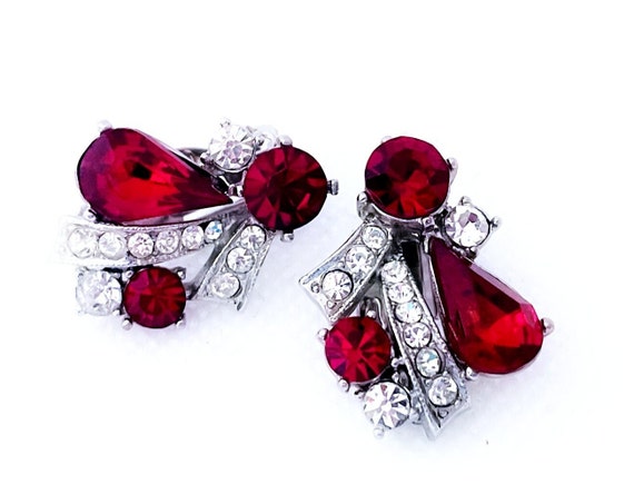 Vintage Weiss Ruby Red Rhinestone Earrings, Red Earri… - Gem