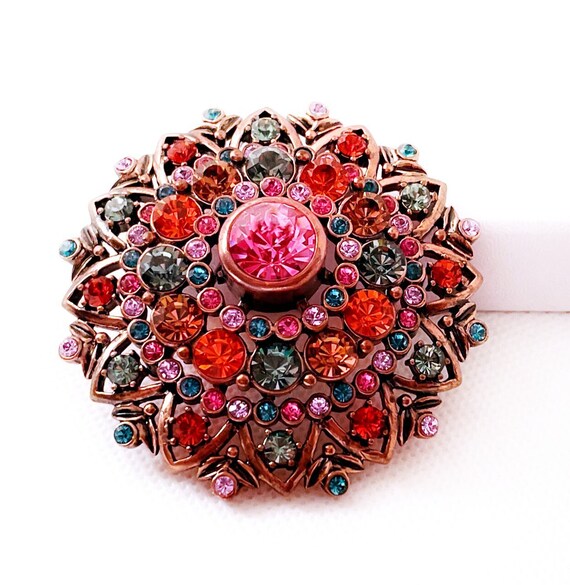 Vintage Joan Rivers Pink Green Rhinestone Brooch - Gem