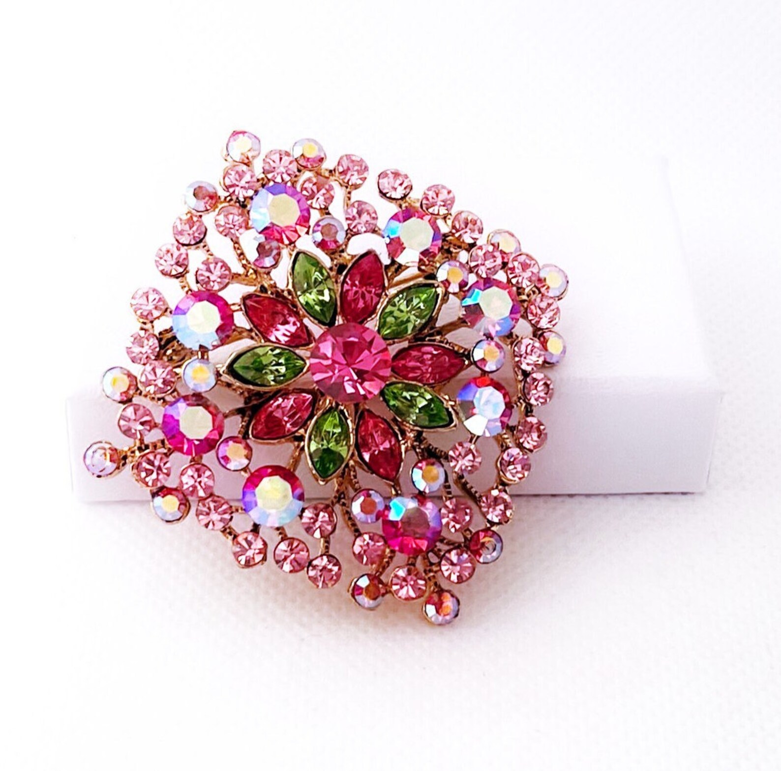 Brilliant Vintage Fuchsia Pink and Green Rhinestone Brooch, Vintage ...