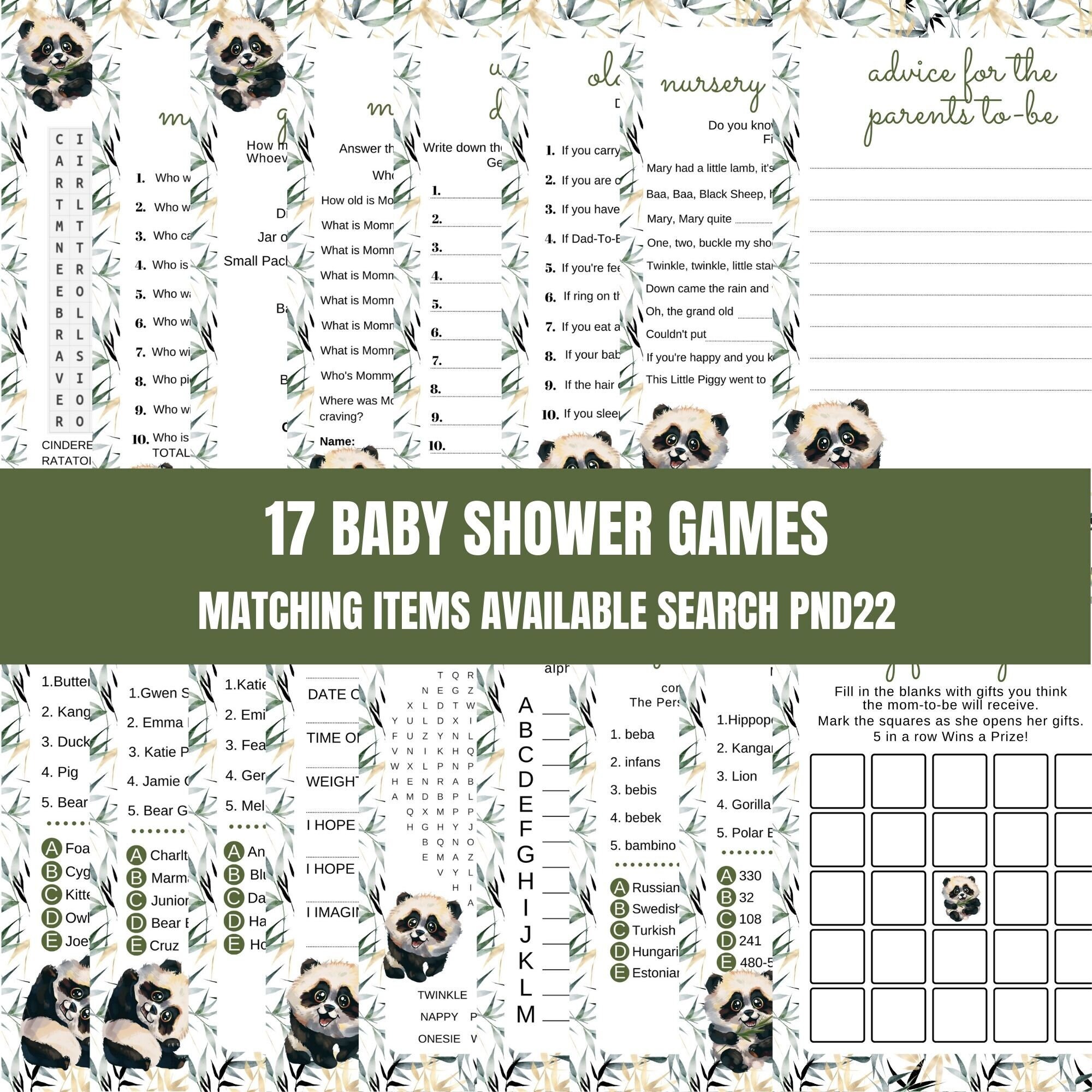 Panda Baby Shower Game Set, Bamboo Baby Shower Game Set, PND22 Set, DIY ...