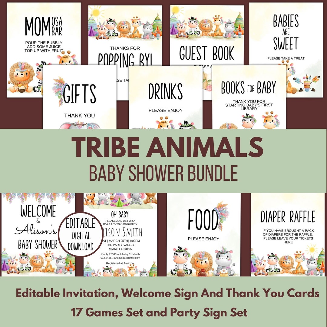 Tribe Animals Baby Shower Bundle, Neutral Baby Shower Signs, Editable ...