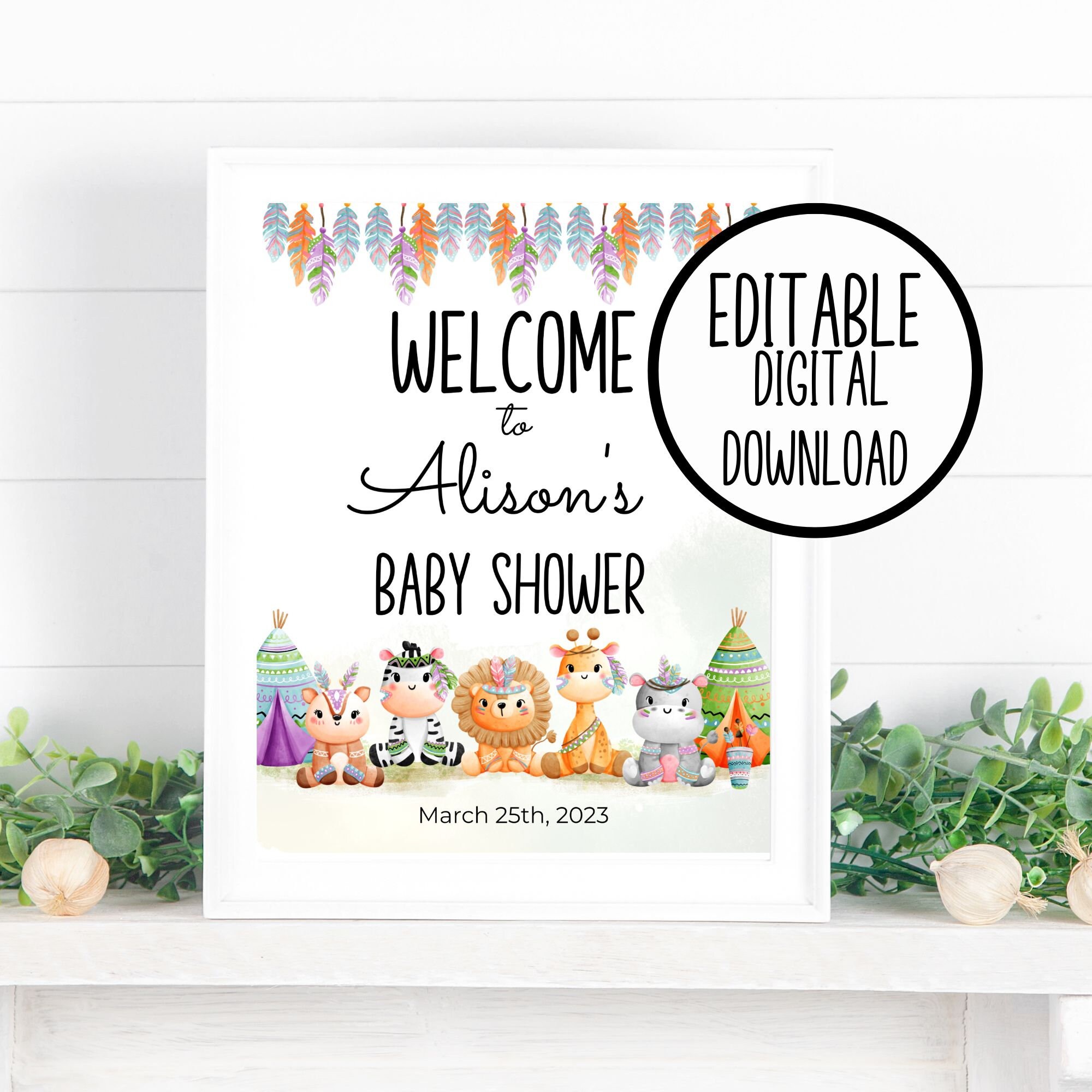EDITABLE Welcome Sign, Tribe Animals Baby Shower Sign, Printable Sign ...
