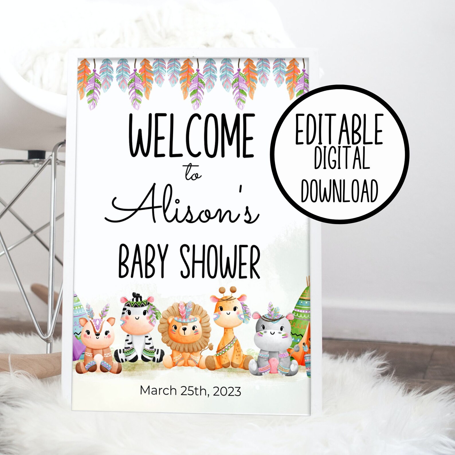 EDITABLE Welcome Sign, Tribe Animals Baby Shower Sign, Printable Sign ...