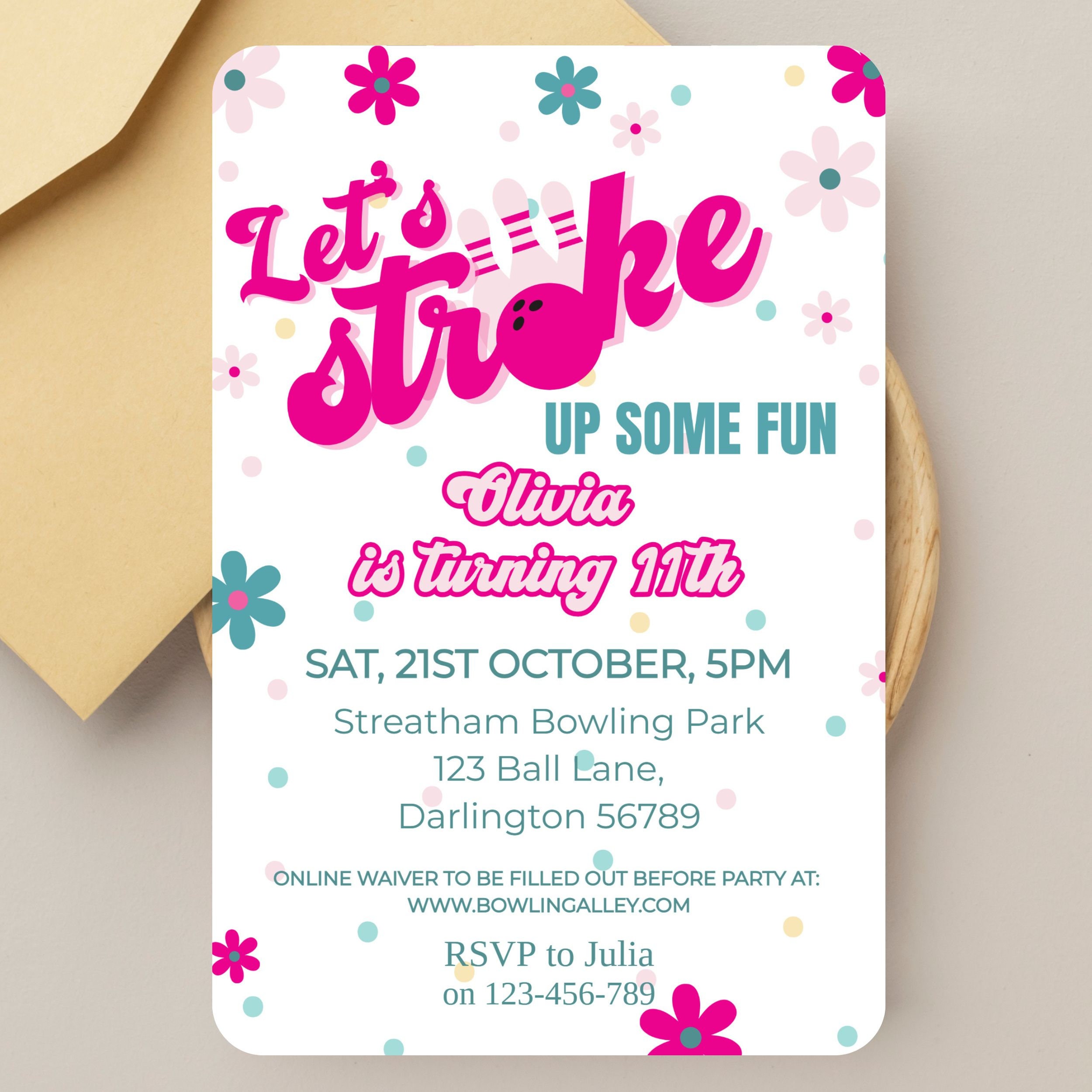EDITABLE Bowling Birthday Invitation, Pink Birthday Party, Printable ...