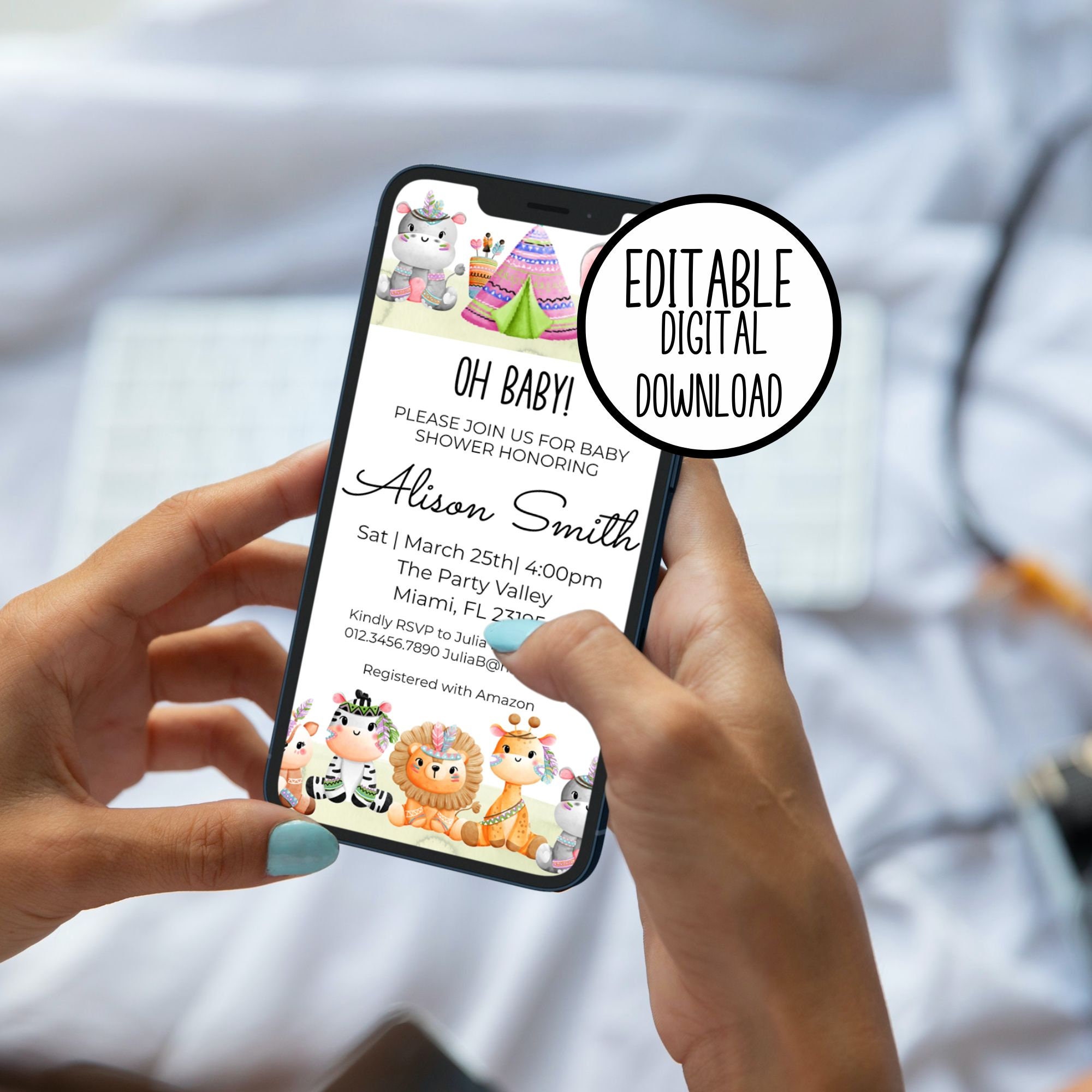 EDITABLE Tribe Animals Baby Shower Invitation, Neutral Baby Shower Set ...