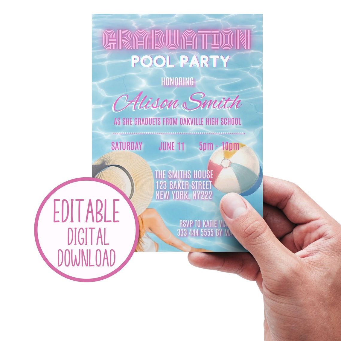 EDITABLE Graduation Pool Party Invitation, Graduation Celebration ...