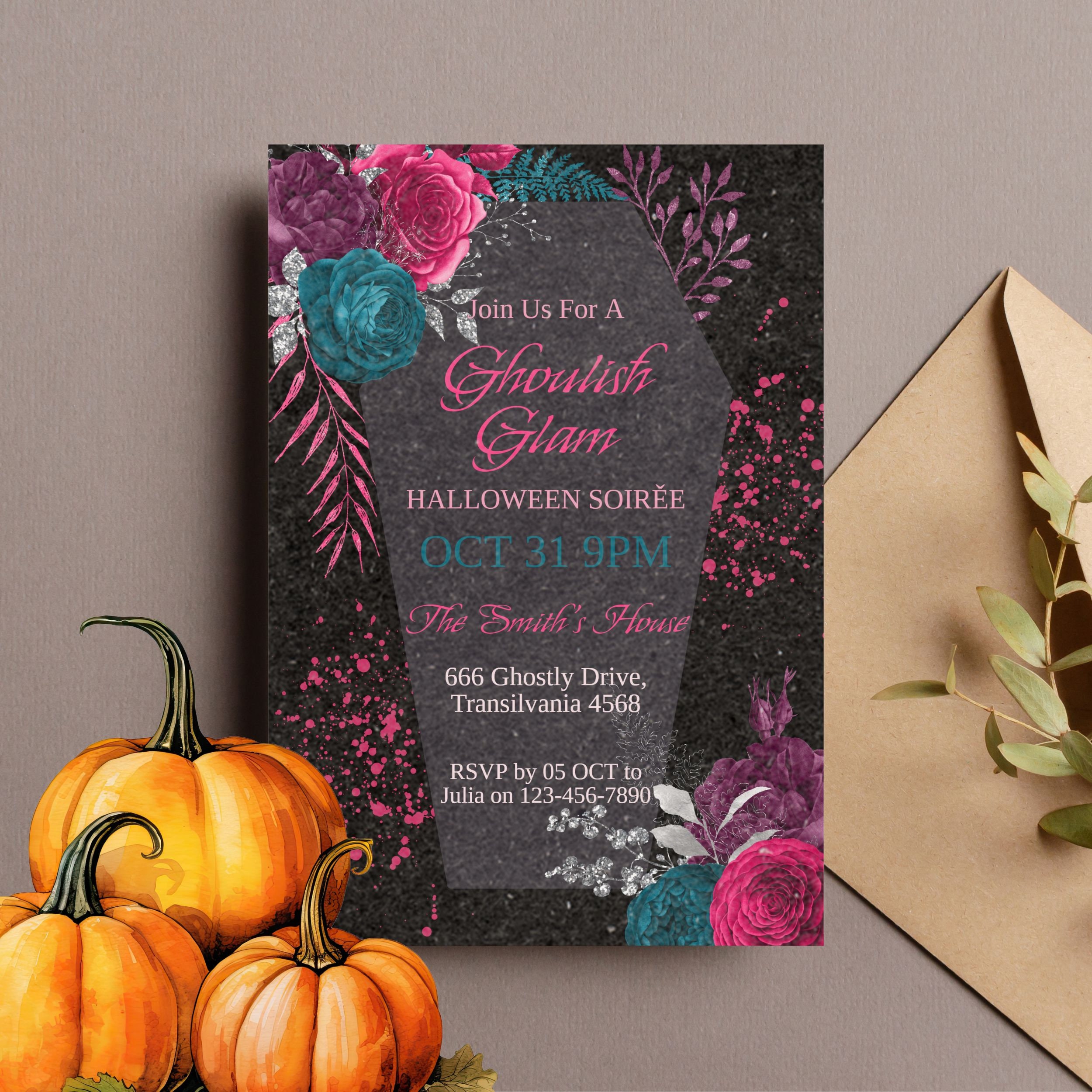 EDITABLE Halloween Party Invitation, Coffin Invite With Roses ...