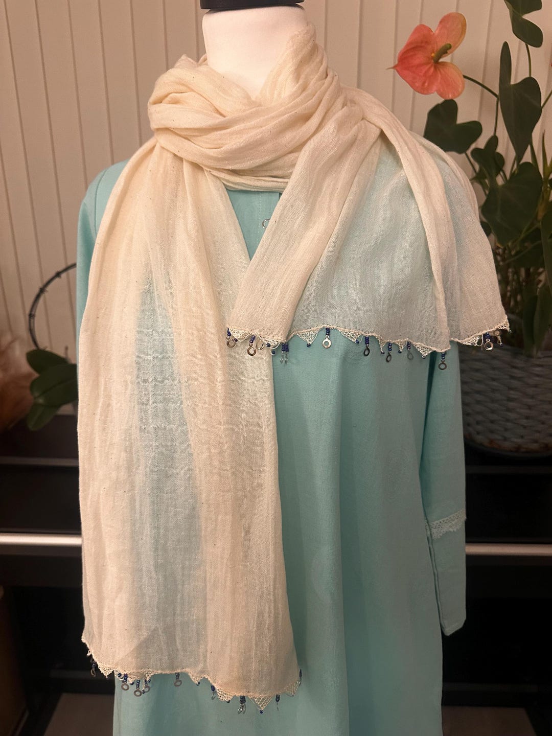 Handcrafted, Oya Lace Needlework Shawl, Scarf With Colourful Bead ...