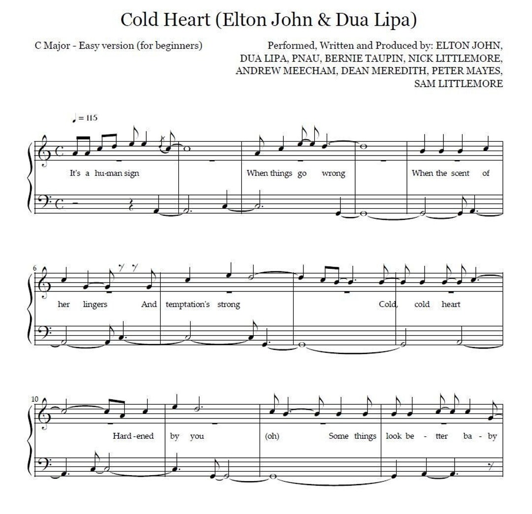 Elton John & Dua Lipa - Cold Heart Piano Sheet Music for Beginners, C ...