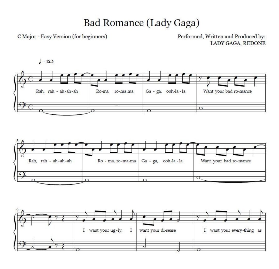 Lady Gaga - Bad Romance Piano Sheet Music for Beginners, C Major ...