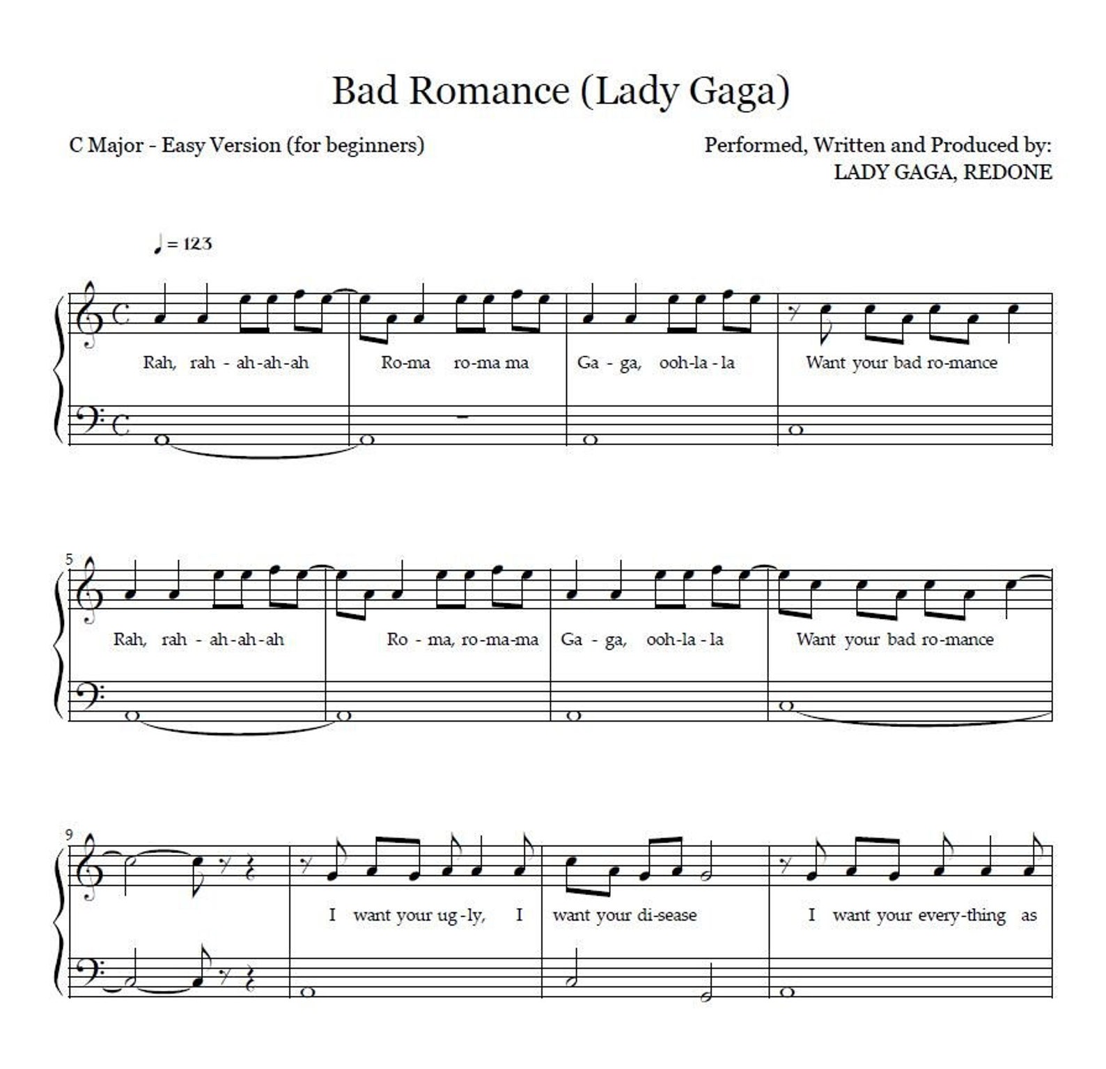 Lady Gaga - Bad Romance Piano Sheet Music for Beginners, C Major ...