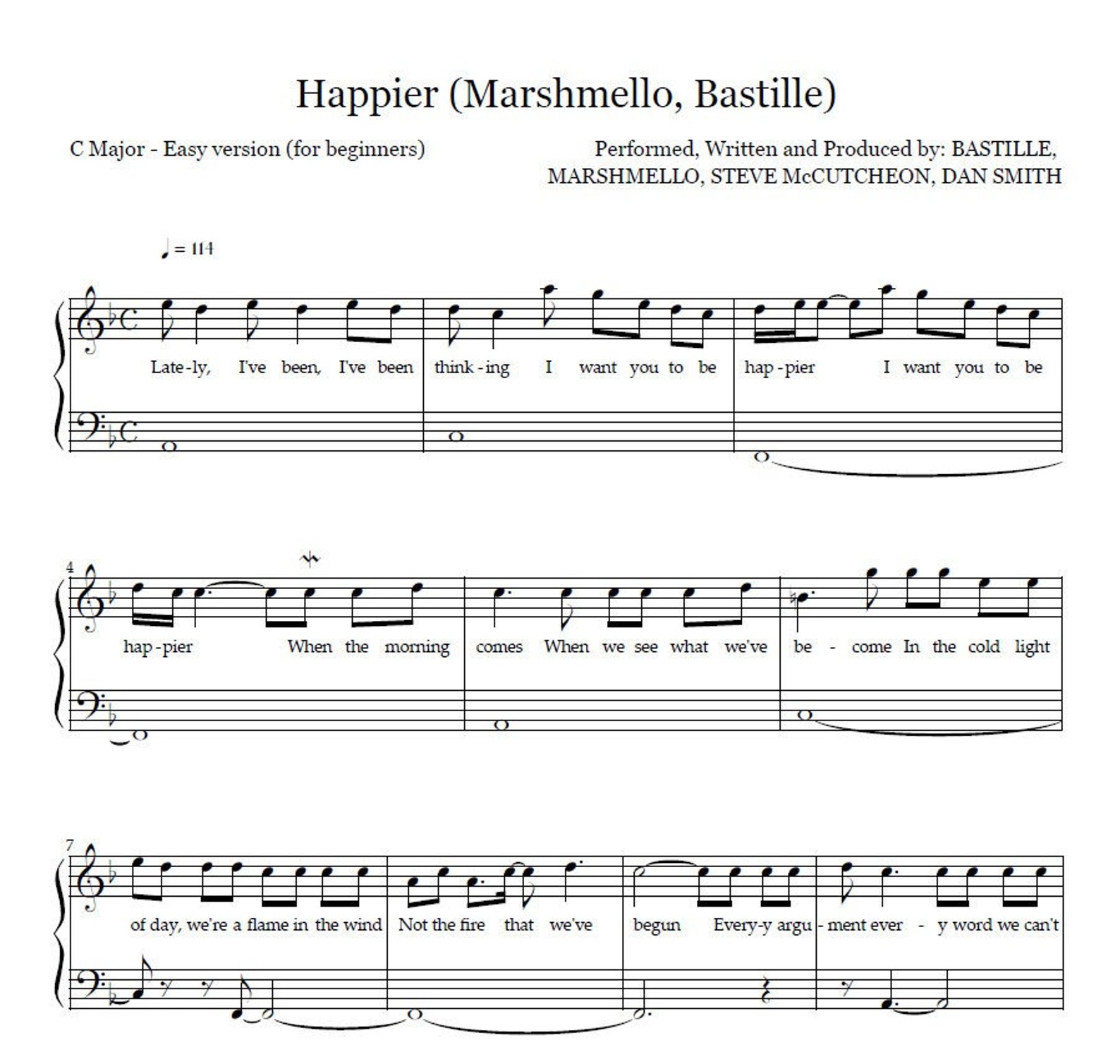 Marshmello - Happier Ft. Bastille Piano Sheet Music for Beginners, C ...