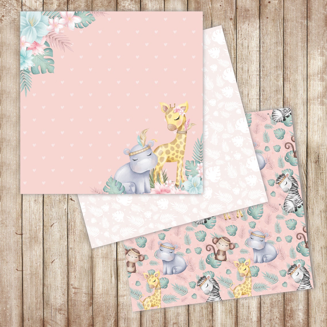 Baby Girl Digital Paper Little Animals Jungle Scrapbook Background ...