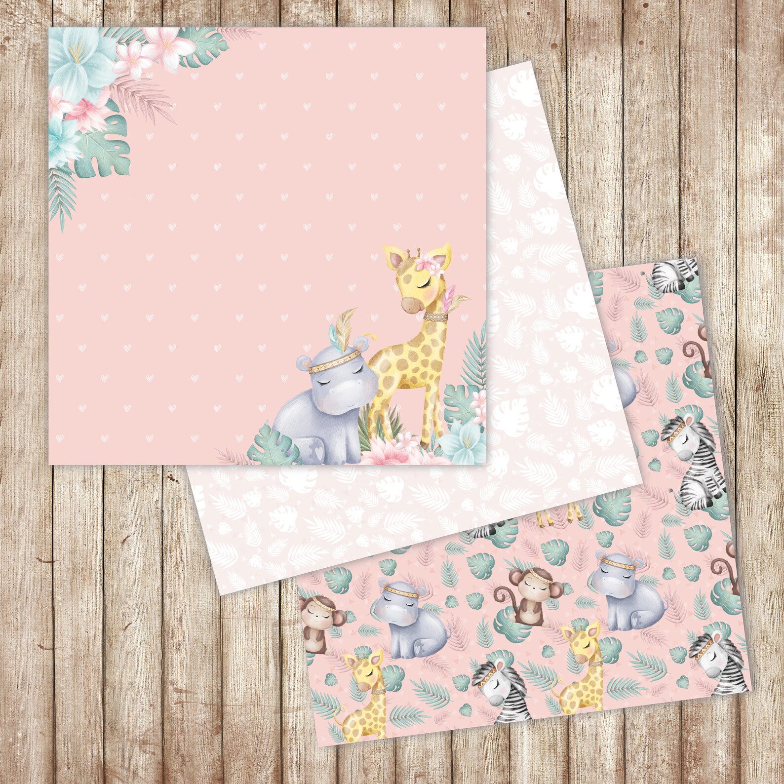Baby Girl Digital Paper Little Animals Jungle Scrapbook Background ...