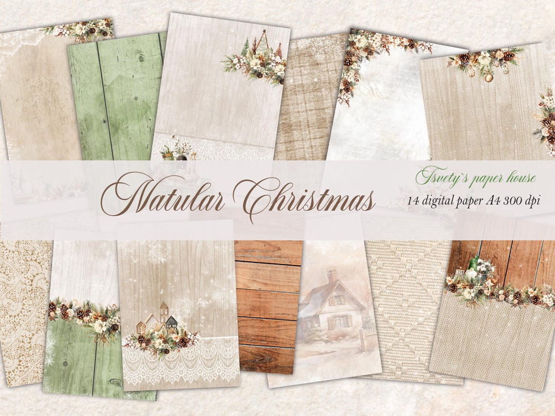 Natural Christmas Digital Paper Pack A4, Watercolor Rustic Scrapbooking ...