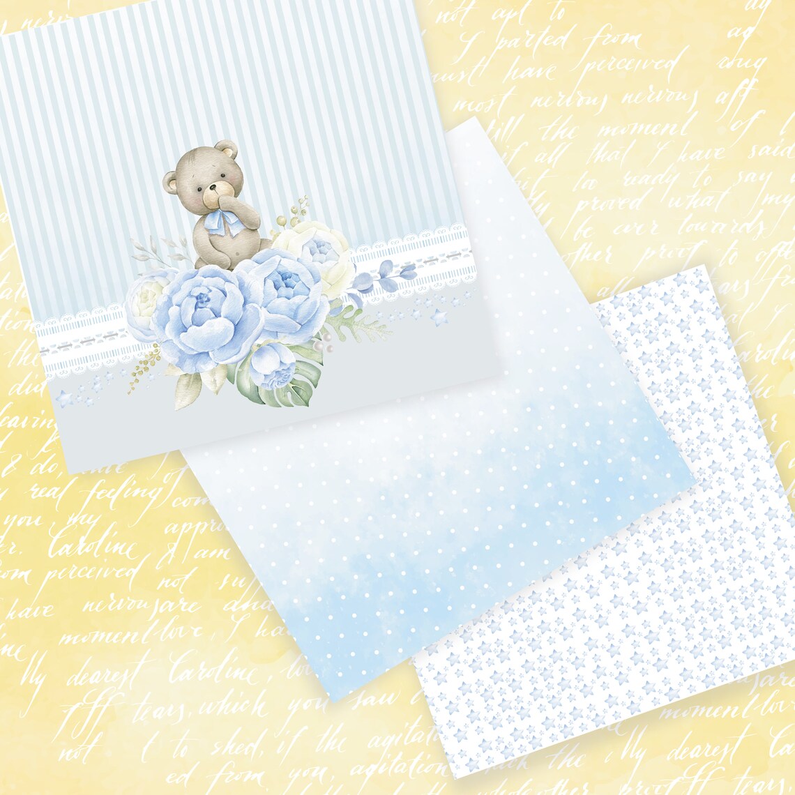 Teddy Bear Digital Paper Set, Baby Boy Digital Paper, Baby Shower Boy ...