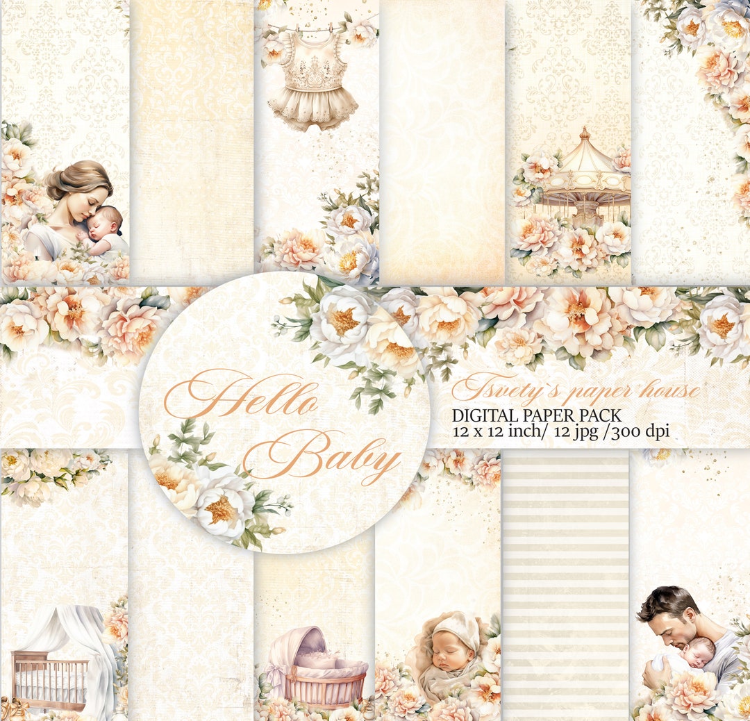 Baby Girl Digital Paper Peony Flowers Scrapbook Nursery Background Baby ...