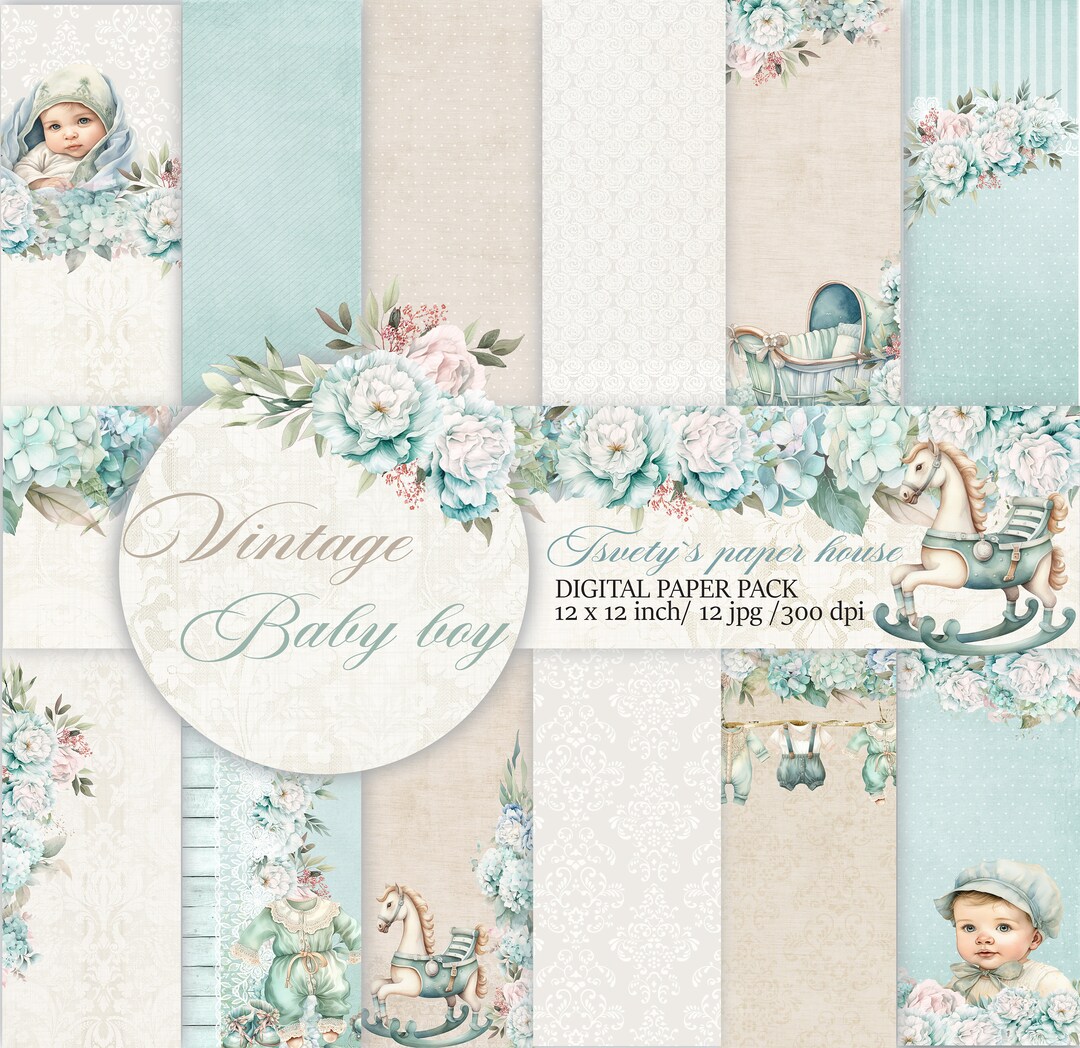 Vintage Baby Boy Digital Paper Scrapbook Background Children Blue ...