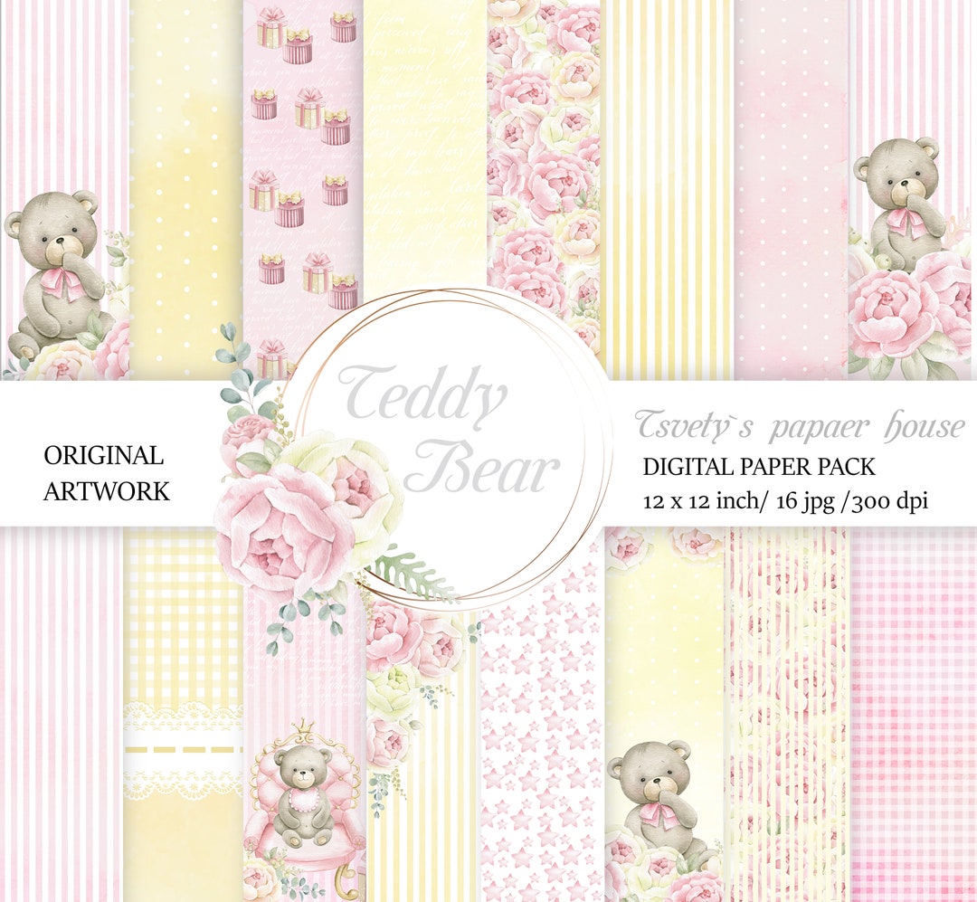Teddy Bear Digital Paper Set, Baby Girl Digital Paper, Baby Shower Girl ...
