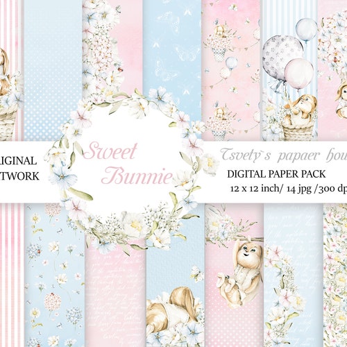 Sweet Bunnie Baby Girl Digital Paper Setblue and Pink - Etsy