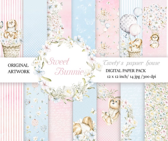 Sweet Bunnie Baby Girl Digital Paper Setblue and Pink | Etsy