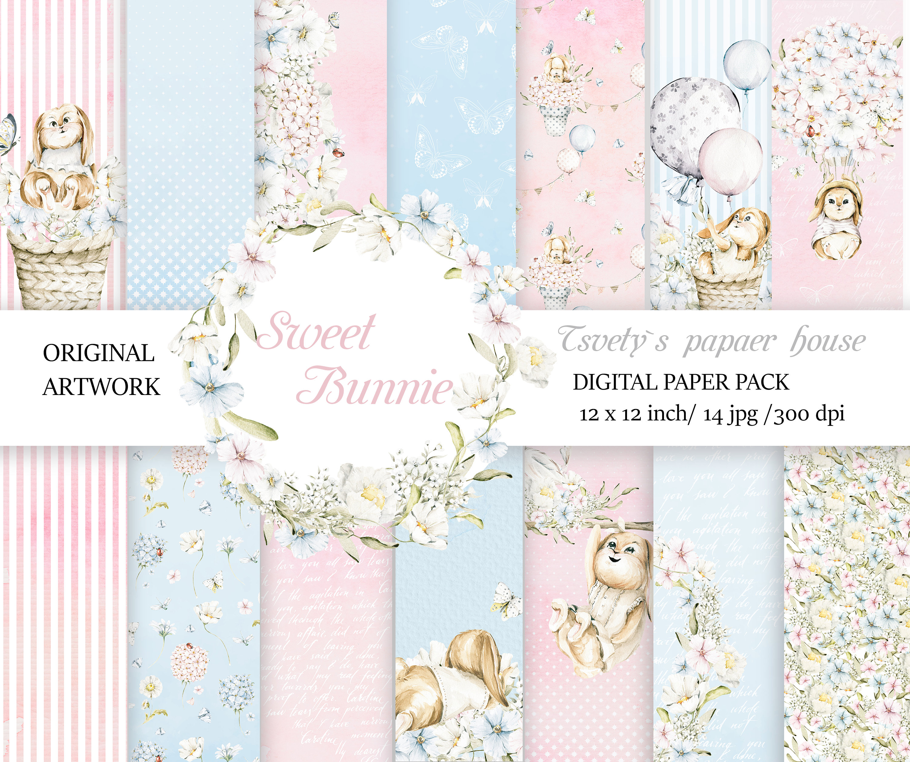 Sweet Bunnie, Baby Girl Digital Paper Set,blue and Pink, Pattern ...