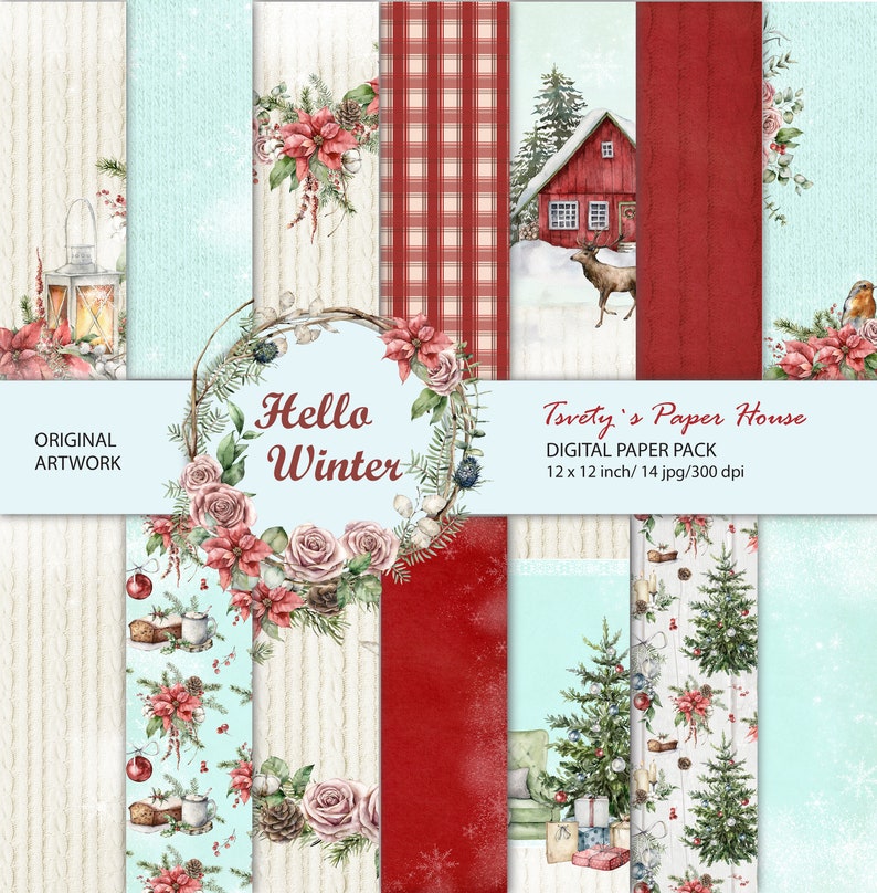 Traditional Christmas Digital Paper Tree Scrapbook Wood Winter Red and ...