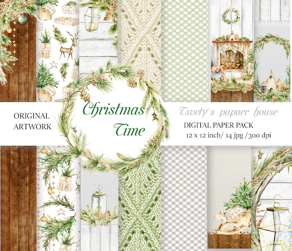 Christmas Digital Paper Green Scrapbook Wood Winter Knitten | Etsy