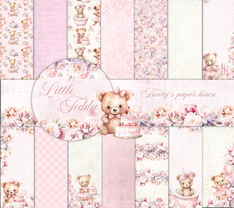 Baby Girl Digital Paper Teddy Bear Pink Scrapbook Background Children ...