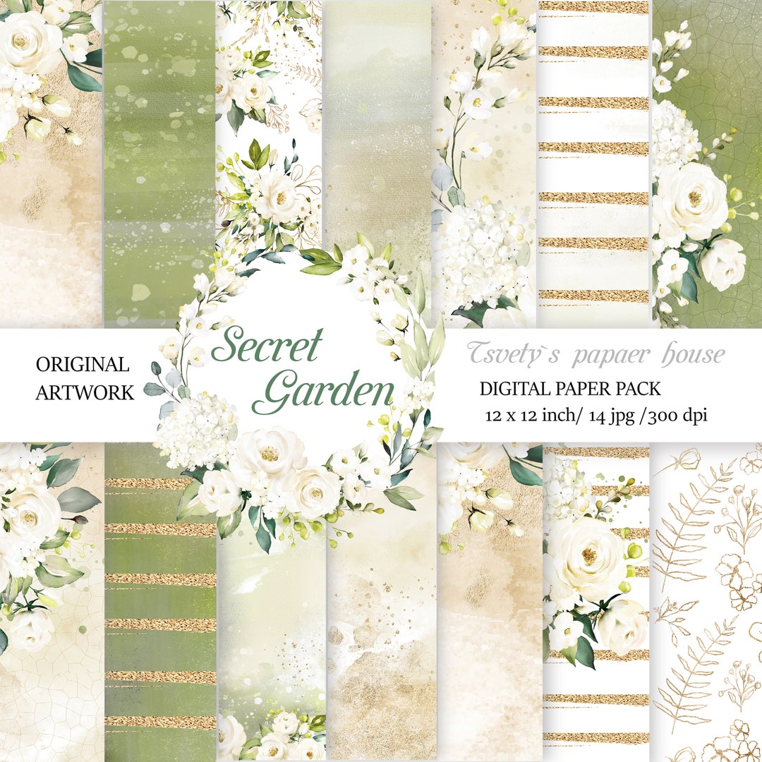 Green and Gold Wedding Digital Paper, Blush Floral Wedding Printable ...