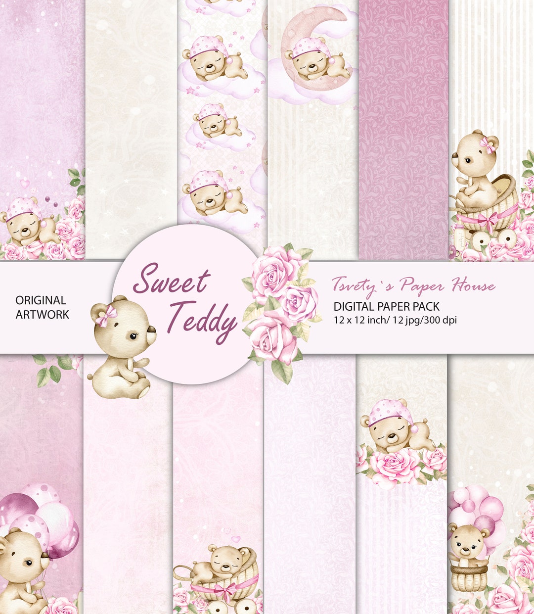 Baby Girl Digital Paper Teddy Bear Pink Scrapbook Background Children ...