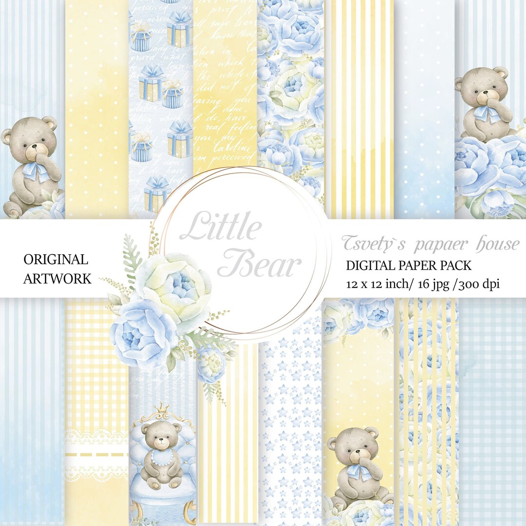 Teddy Bear Digital Paper Set, Baby Boy Digital Paper, Baby Shower Boy ...