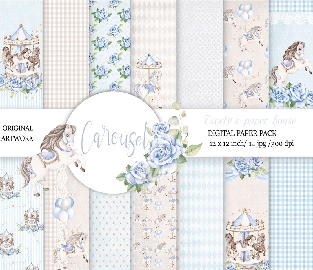Baby Boy Digital Paper Carousel Horse Scrapbook Background Children ...