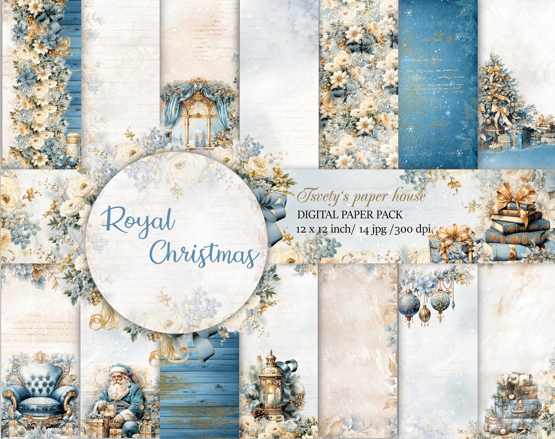 Royal Christmas Digital Paper Scrapbook Blue Gold Christmas Tree ...