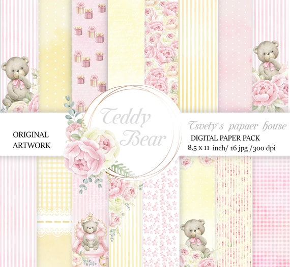 Teddy Bear Digital Paper Set Us Paper Size Baby Shower Girl - Etsy