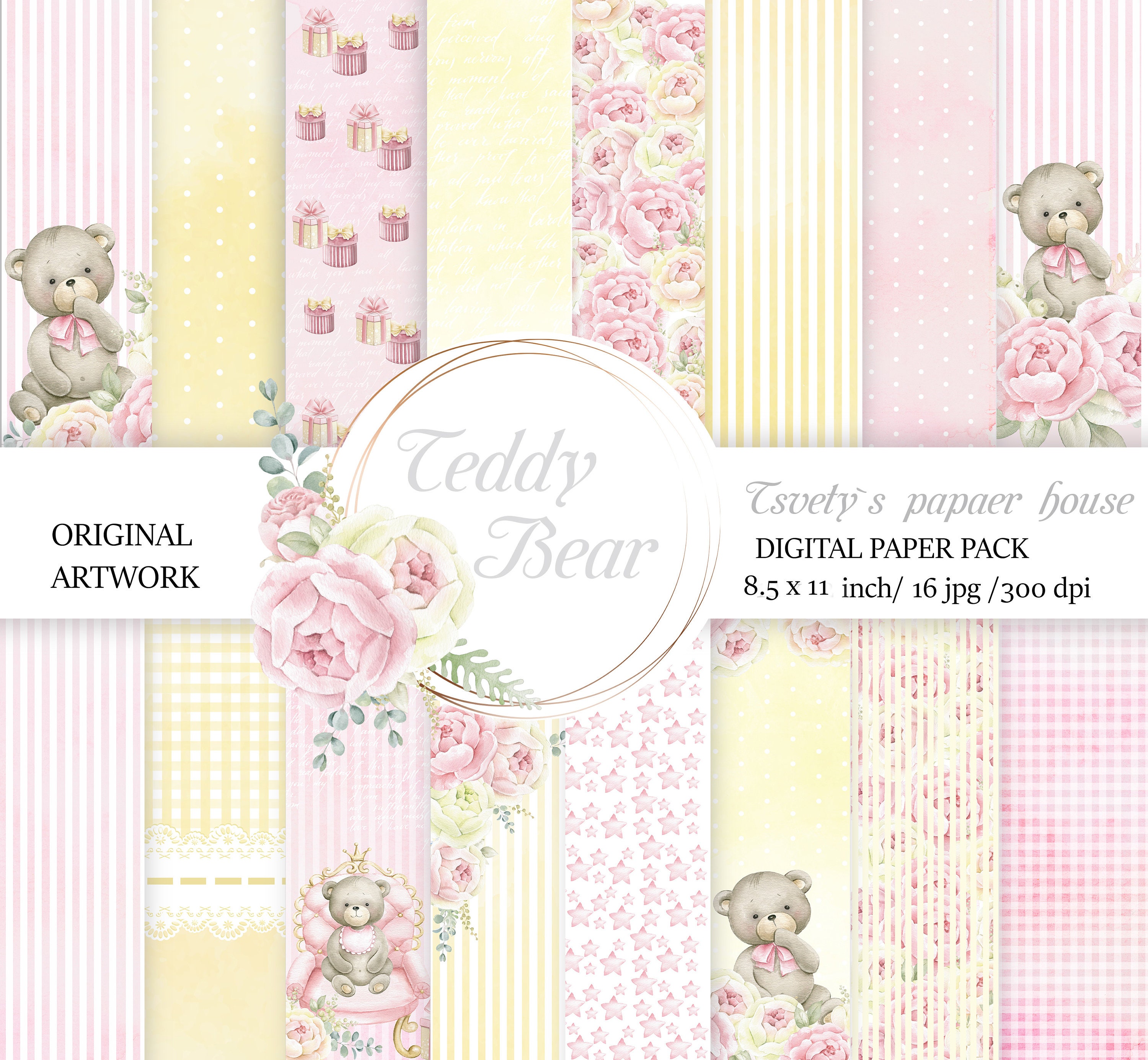 Teddy Bear Digital Paper Set, Us Paper Size, Baby Shower Girl Digital ...