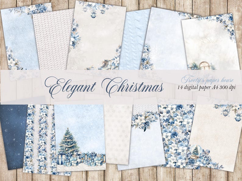 A4 Elegant Christmas Collection, Holiday Digital Papers, Blue Beige ...
