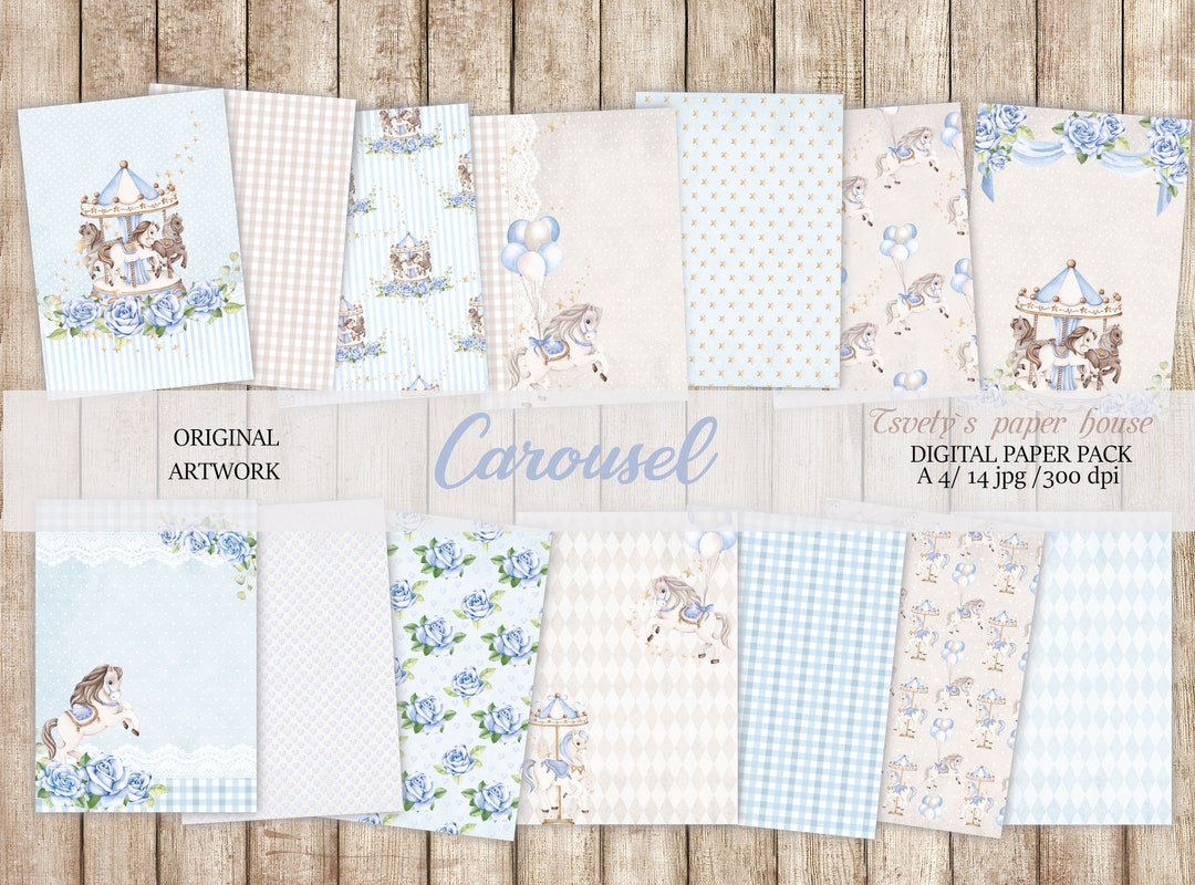Baby Boy Digital Paper Carousel Horse Scrapbook Background Children ...