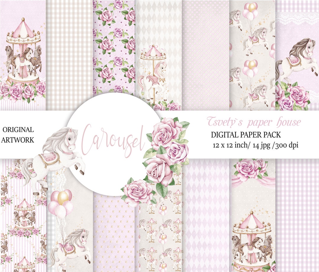 Baby Girl Digital Paper Carousel Horse Scrapbook Background Children ...