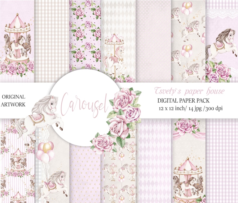 Baby Girl Digital Paper Carousel Horse Scrapbook Background Children ...