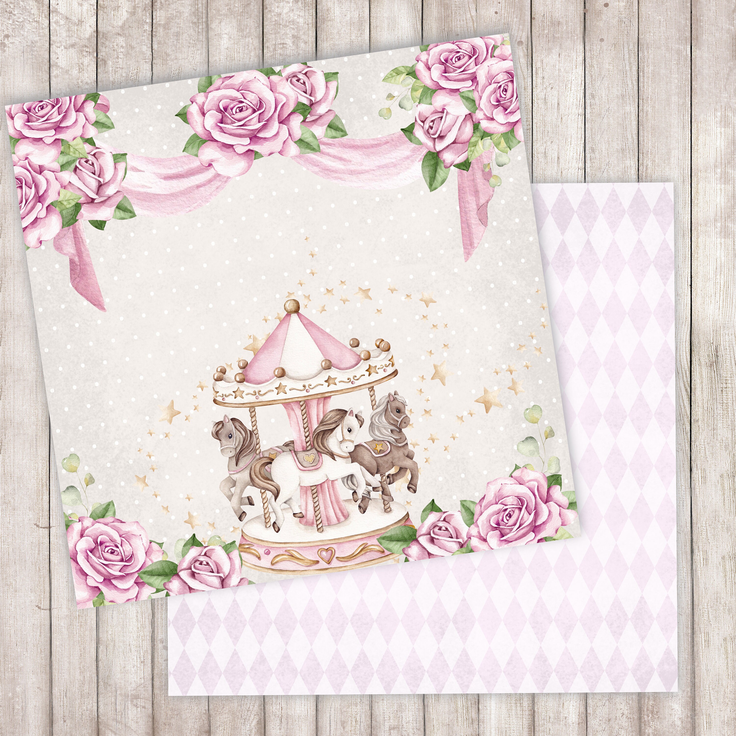 Baby Girl Digital Paper Carousel Horse Scrapbook Background Children ...
