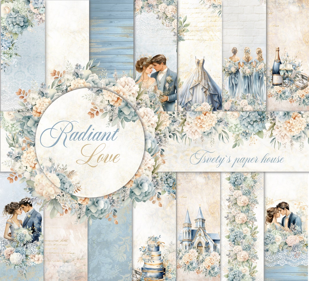 Wedding Digital Paper, Dusty Blue Floral Wallpaper, Bridal Scrapbook ...