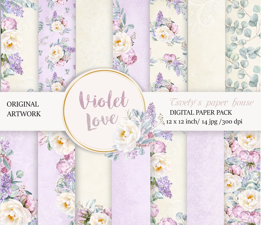 Violet and Beige Wedding Digital Paper, Paris, Violet Floral Wedding ...