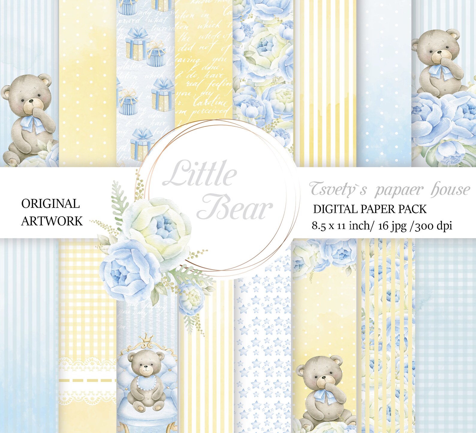 Teddy Bear Digital Paper Set, Us Paper Size, Baby Shower Boy Digital ...