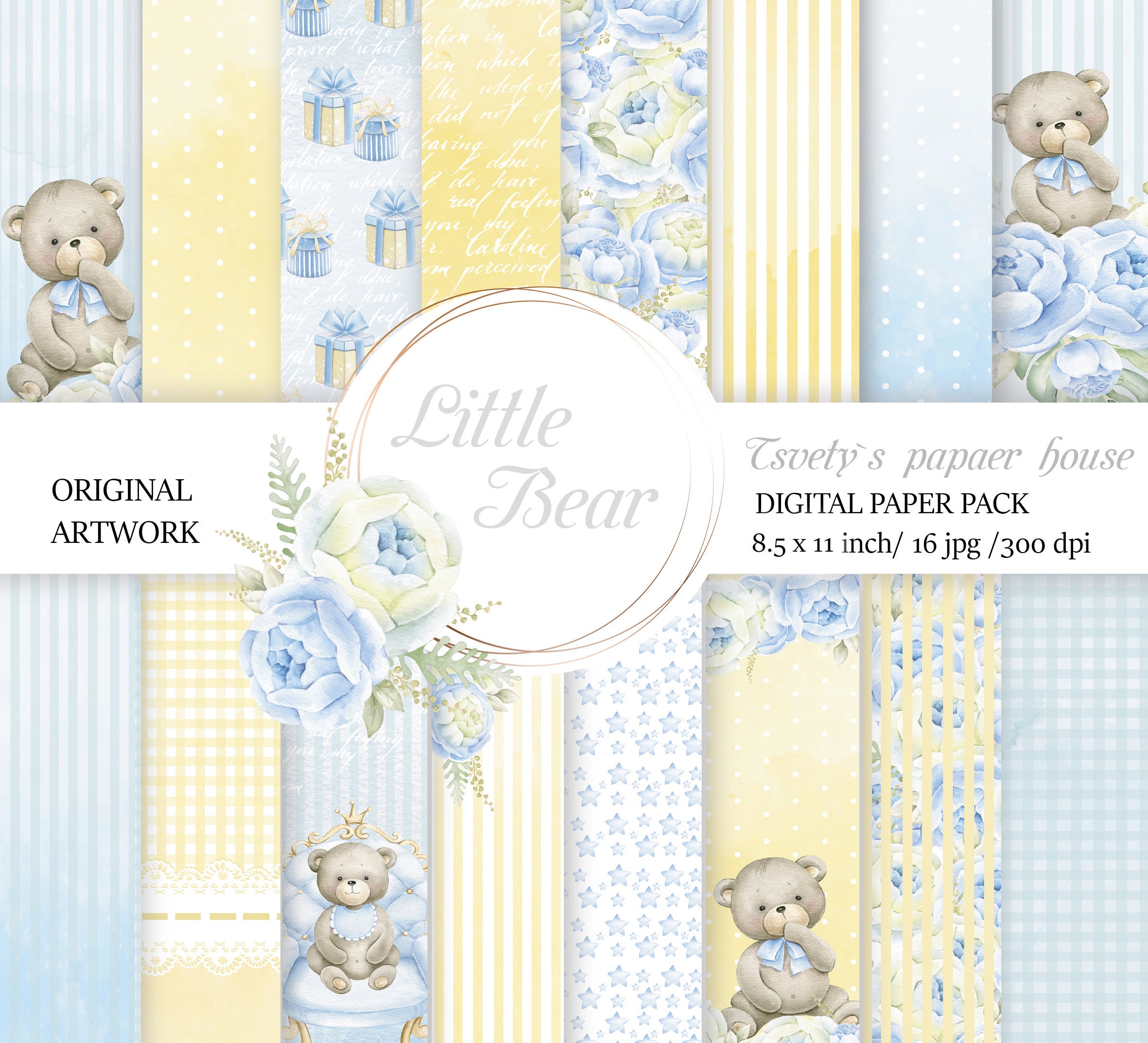 Teddy Bear Digital Paper Set Us Paper Size Baby Shower Boy - Etsy